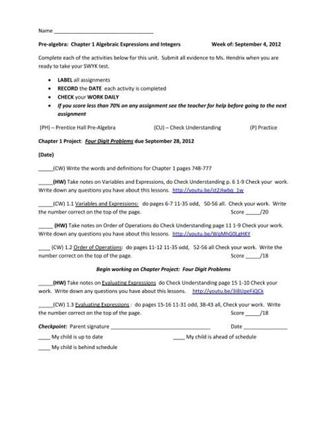 Pre Algebra Chapter 1 Algebraic Expressions And Integers Week Of