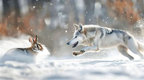 Powerful Wolf Relentlessly Chasing A Nimble Rabbit Through The Snowy