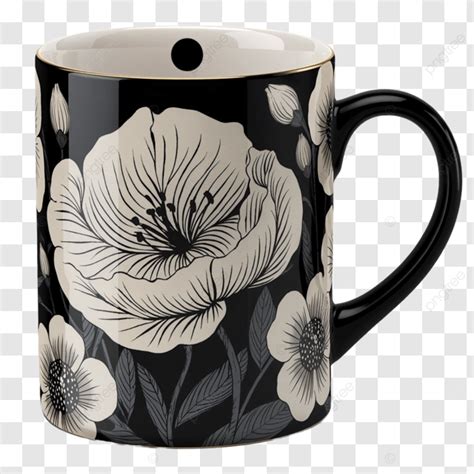 A Black And White Floral Patterned Ceramic Mug With An Elegant Design