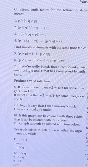 Solved Construct Truth Tables For The Following Statements
