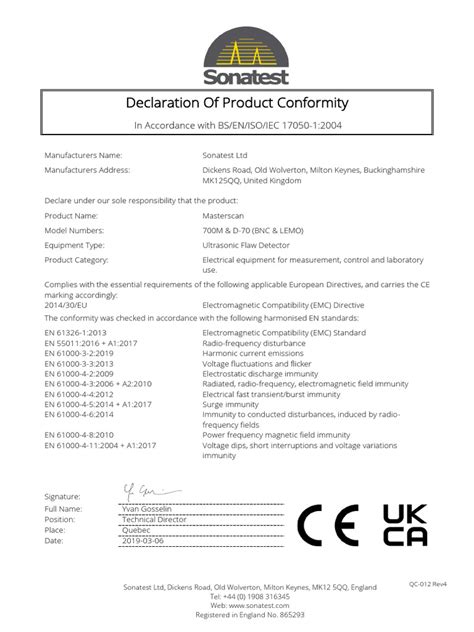 Qc 012 Rev 4 Masterscan Declaration Of Product Conformity Pdf Electromagnetic