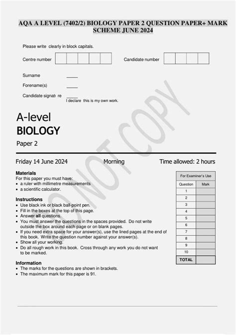 Aqa A Level 74022 Biology Paper 2 Question Paper Mark Scheme June 2024 Aqa A Level Biology