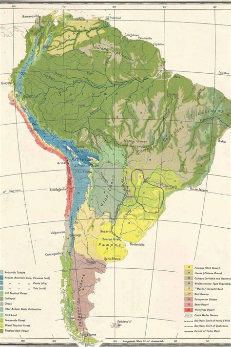 South America Vegitation Map 1940s T Maps Vintage Retro For Home