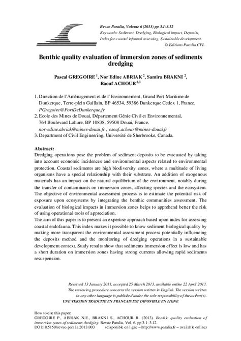 Pdf Benthic Quality Evaluation Of Immersion Zones Of Sediments Dredging