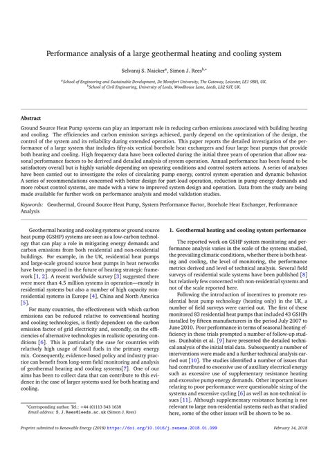 Pdf Performance Analysis Of A Large Geothermal Heating And Cooling System