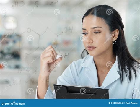 Girl Scientist And Formula On Glass In Lab For Problem Solving