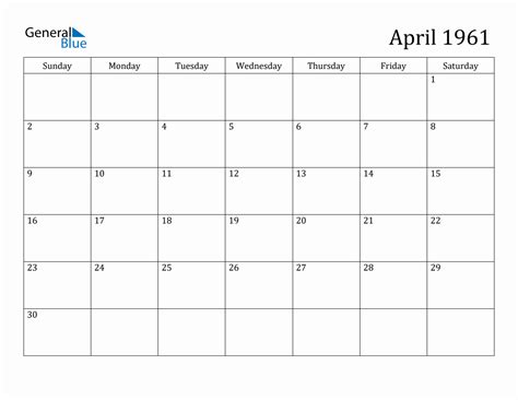 April 1961 Monthly Calendar