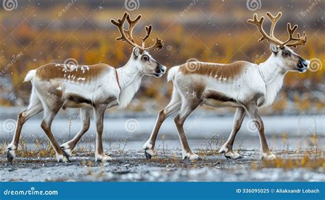 Svalbard Reindeer With Large Antlers Two Reindeer In The North On The