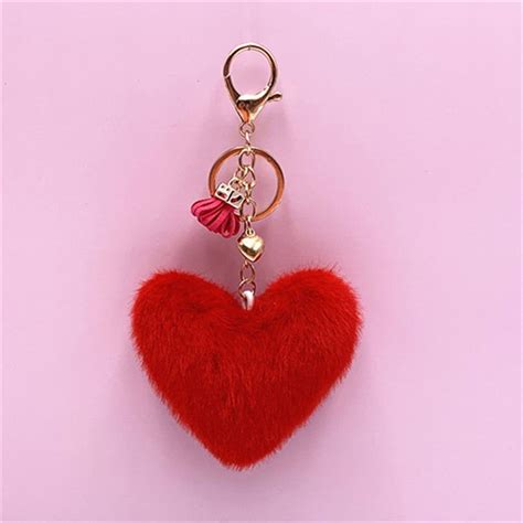 Cute Plush Heart Pendant Key Chains With Small Tassel Pompom Keyring K
