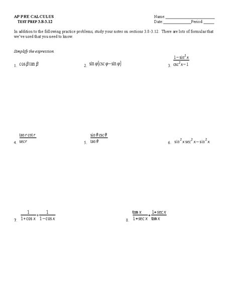 Test Prep 3 Test Prep For Unit 4 Ap Pre Calculus Name Test Prep 3 8