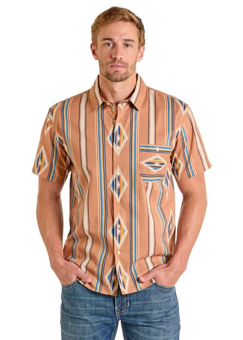 Mens Modern Vintage Striped Aztec Short Sleeve Button Shirt