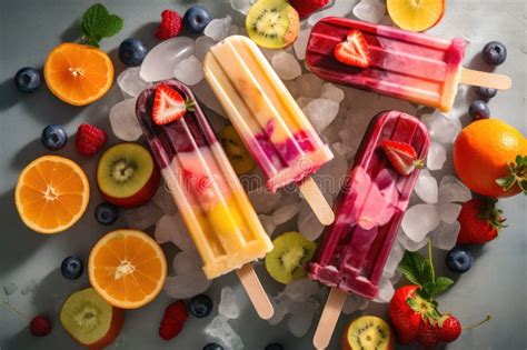 Set Of Unique Colorful Summer Popsicles With Fresh Fruits And Ice Cubes
