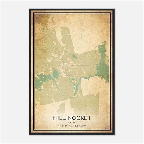 Vintage Millinocket Maine Map Poster Millinocket Me City Road Wall Art Print Custom Maps