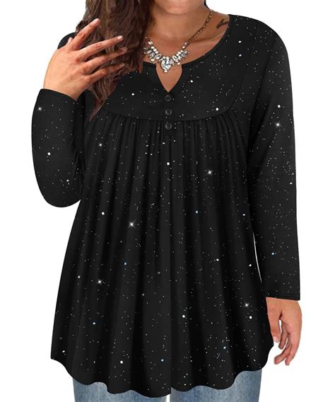 Tiyomi Plus Size 5x Long Sleeve Sequin Tunics For Women Black Swing Sparkle Pullover Fall Dressy