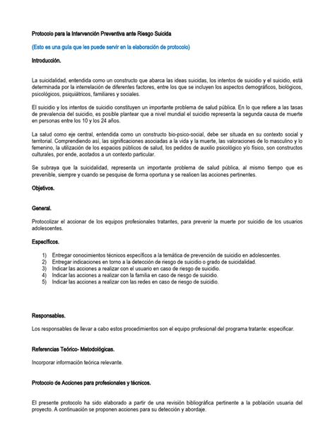 Modelo Protocolo Prevencion Suicidio Pdf Suicidio Trastorno Mental