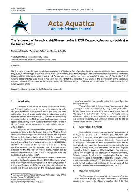 Pdf The First Record Of The Mole Crab Albunea Carabus L 1758