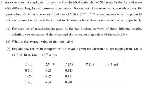 2 An Experiment Is Conducted To Measure The Electrical Resistivity Of Nichrome In The Form Of