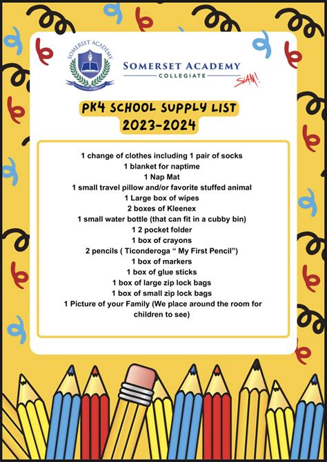 School Supply List Back To School 2023 2024 Somerset Academy Collegiate