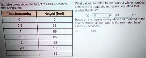 the table below shows the height of a ball x seconds after being kicked