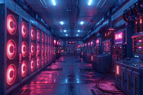 Crypto Mining Farm With Rows Of Asic Miners Stock Illustration