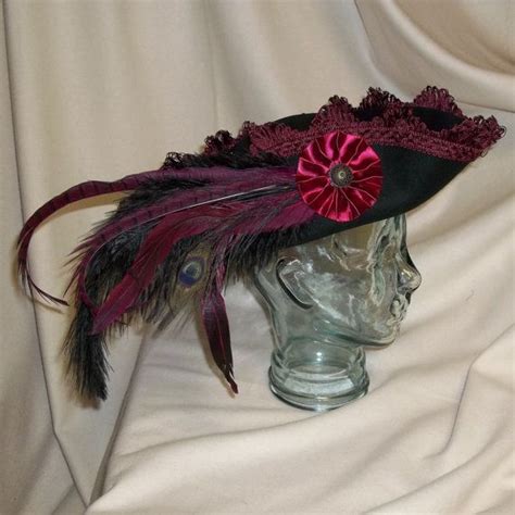 Black Pirate Hat Fancy Black Wool Tricorn With Burgundy Trim Ostrich