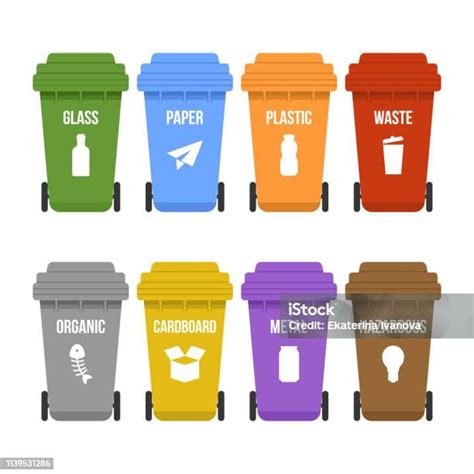 별도의 쓰레기 수집을 위해 바퀴에 여러 가지 빛깔의 재활용 폐기물 쓰레기통 독성 폐기물에 대한 스톡 벡터 아트 및 기타 이미지 독성 폐기물 쓰레기 수거통 다양