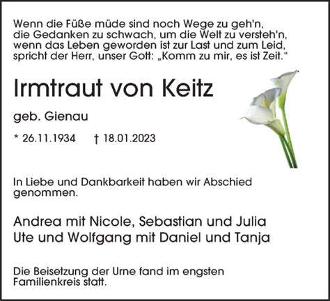 Traueranzeigen Von Irmtraut Von Keitz Trauer In Nrw De