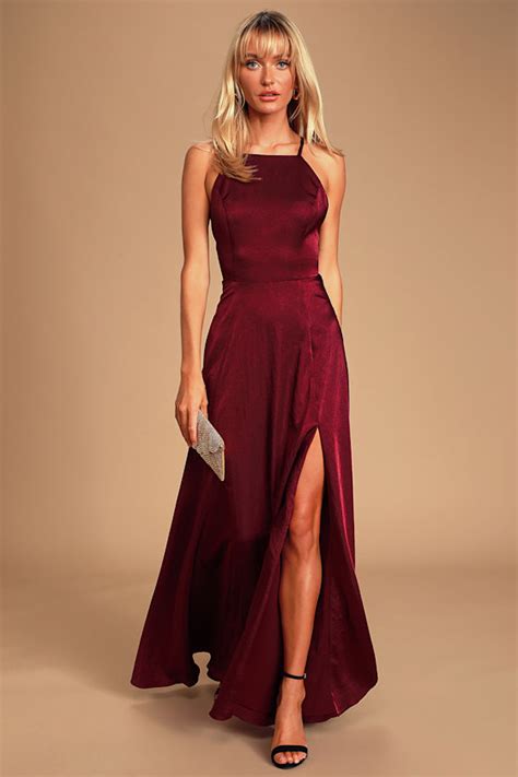 Glam Burgundy Maxi Satin Maxi Dress Backless Maxi Dress Lulus