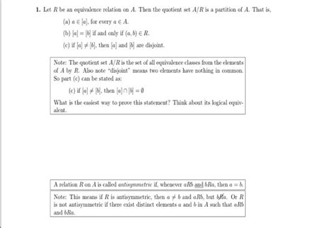 Solved 1 Let R Be An Equivalence Relation On A Then The