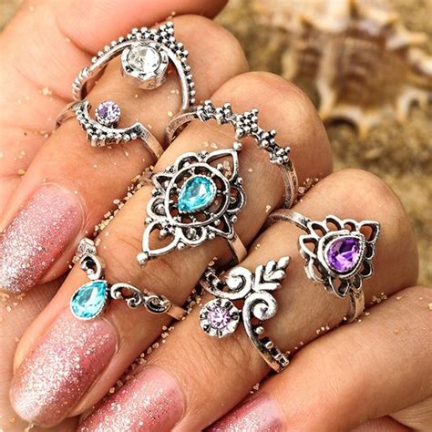 7pcs Lotus Midi Knuckle Stacking Rings Bellechic