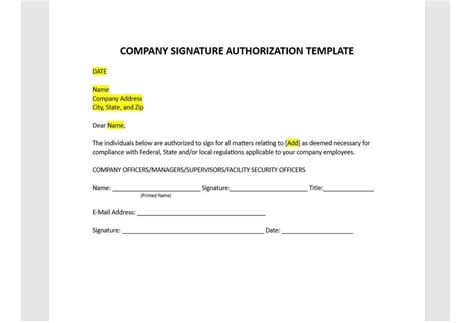 Editable Company Signature Authorization Template Signature