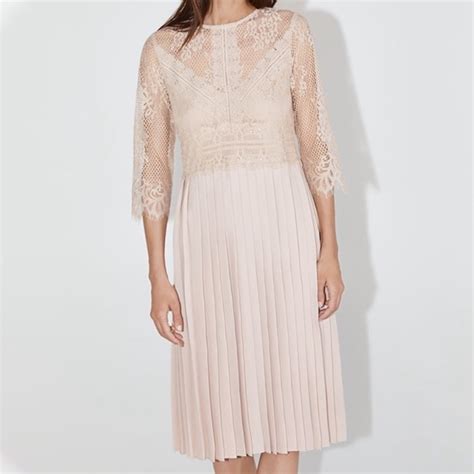 Zara Dresses Zara Nude Lace Dress With Pleated Midi Skirt Poshmark