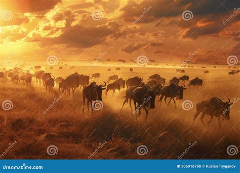 Animal Migration Or Migratory Wildebeest Herds Stock Image