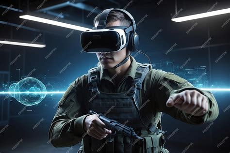 Soldier In Vr Combat Training Holographic Simulation Concept Premium
