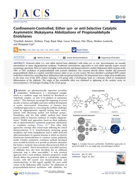 Pdf Confinement Controlled Either Syn Or Anti Selective Catalytic