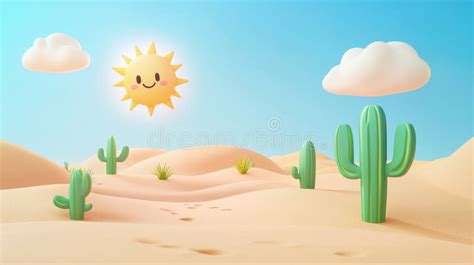 Cartoon Desert With Soft Sand Dunes And Smiling Cacti Under A Bright