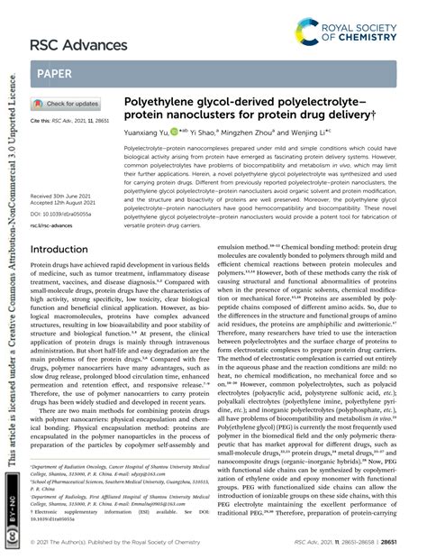 Pdf Polyethylene Glycol Derived Polyelectrolyteprotein Nanoclusters