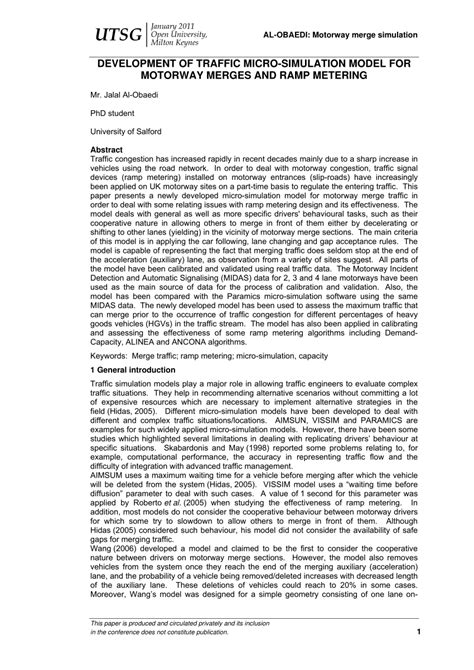 Pdf Development Of Traffic Micro Simulation Model For Motorway Merges