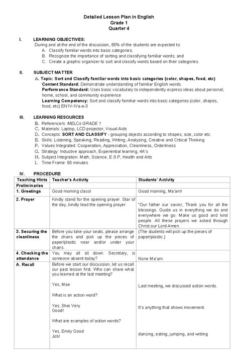 Grade 1 English Lesson Plan Sorting And Classifying Words Q4 Studocu