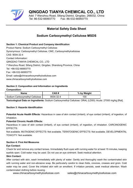 Msds Of Sodium Carboxymethyl Cellulose