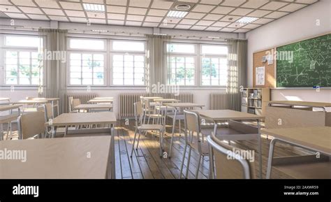 Interior Of A Classic School Class With Wooden Desks And Chairs Large