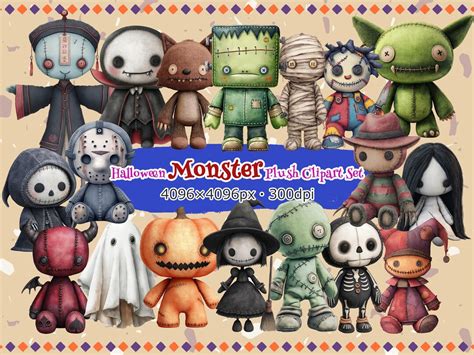Halloween Monster Plush Clipart Set Cute Watercolor Plushie