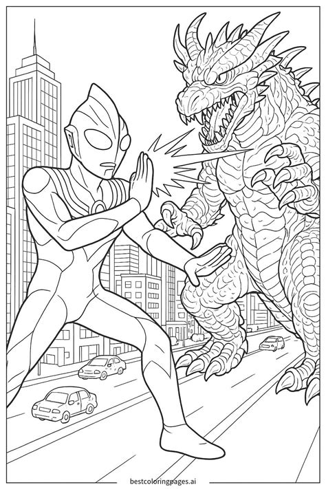 Ultraman Tiga Battling A Giant Monster In The City Coloring Page Free