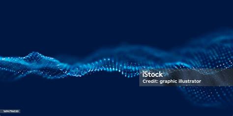 추상 파란색 파티클 배경입니다 점 풍경이 있는 흐름 파 디지털 데이터 구조 미래의 메시 또는 사운드 그리드 패턴 점 시각화 기술 벡터 그림 줄무늬에 대한 스톡 벡터 아트 및