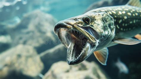 Aggressive Pike Fish Underwater Close Up Open Mouth Sharp Teeth