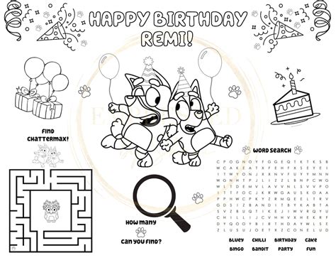 Bluey Inspired Activity Sheet Bluey Birthday Placemat Birthday Party
