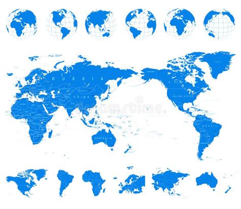 World Map Globes Continents Illustration Stock Vector
