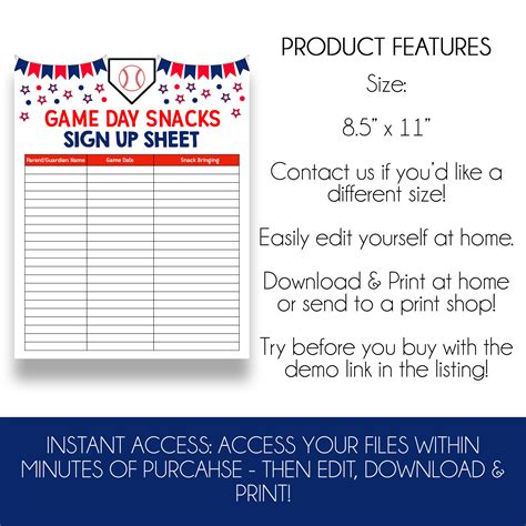 Editable Baseball Snack Sign Up Sheet Game Day Snacks Sign Up