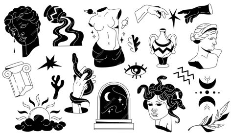 Starożytne Greckie Posągi I Zestaw Mistycznych Rzeźb Wektorowych