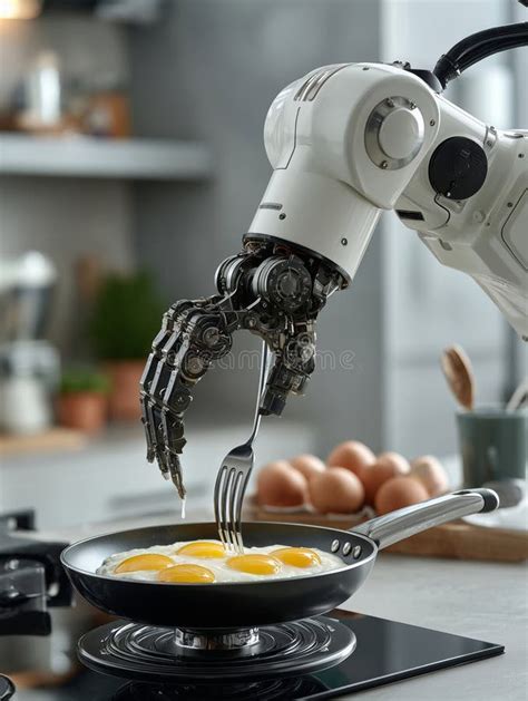 Industrial Robot Arm Cooking Eggs On A Modern Kitchen Stove Stock Image